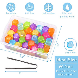 Reusable Ice Cube with Lid & Bin, 60 Pack Plastic Ice Cubes for Drinks BPA Free, Colorful Refreezable Square Ice Cubes for Water Bottles, Whiskey, Vodka, Coffee, Beer or Wine, Non-Diluting