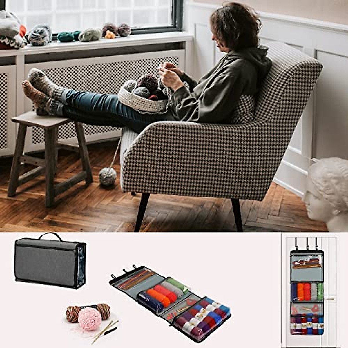 LOOEN Portable Yarn Tote Bag Foldable Hanging Yarn Storage Knitting Organizer Storage, Clear Wall Display Bulk Yarn Organizer Bag for DIY Knitting