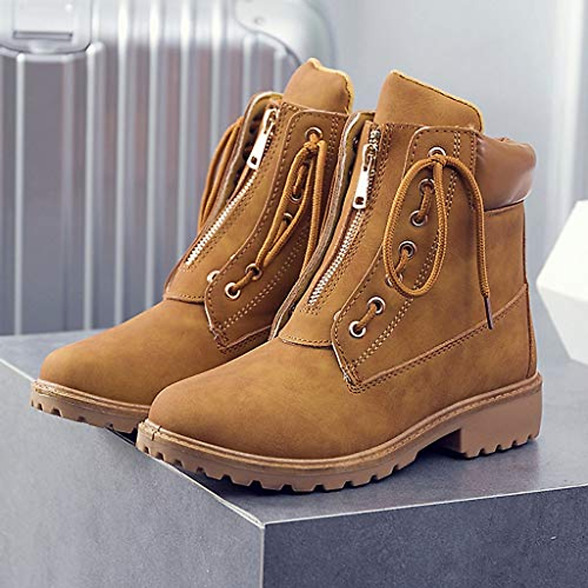 Padaleks Women's Round Toe Waterproof Ankle Bootie Lace Up Low Heel Work Motorcycle Combat Boots High Tops Booties