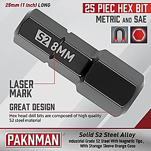 PAKNMAN 25-Piece Hex Head Allen Wrench Drill Bit Set, 1/4”Magnetic Extension, Metric and SAE S2 Steel Hex Bits Set, 1" Long