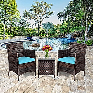 HAPPYGRILL 3-Pieces Patio Furniture Set Outdoor Rattan Wicker Conversation Set with Coffee Table Chairs & Cushions for Patio Garden Lawn Backyard Poolside