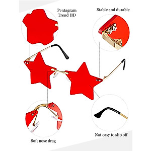 Frienda 4 Pairs Star Shape Sunglasses Star Shape Personality Sun Glasses Star Rimless Glasses for Women Men Party(Black, Yellow, Red, Purple)