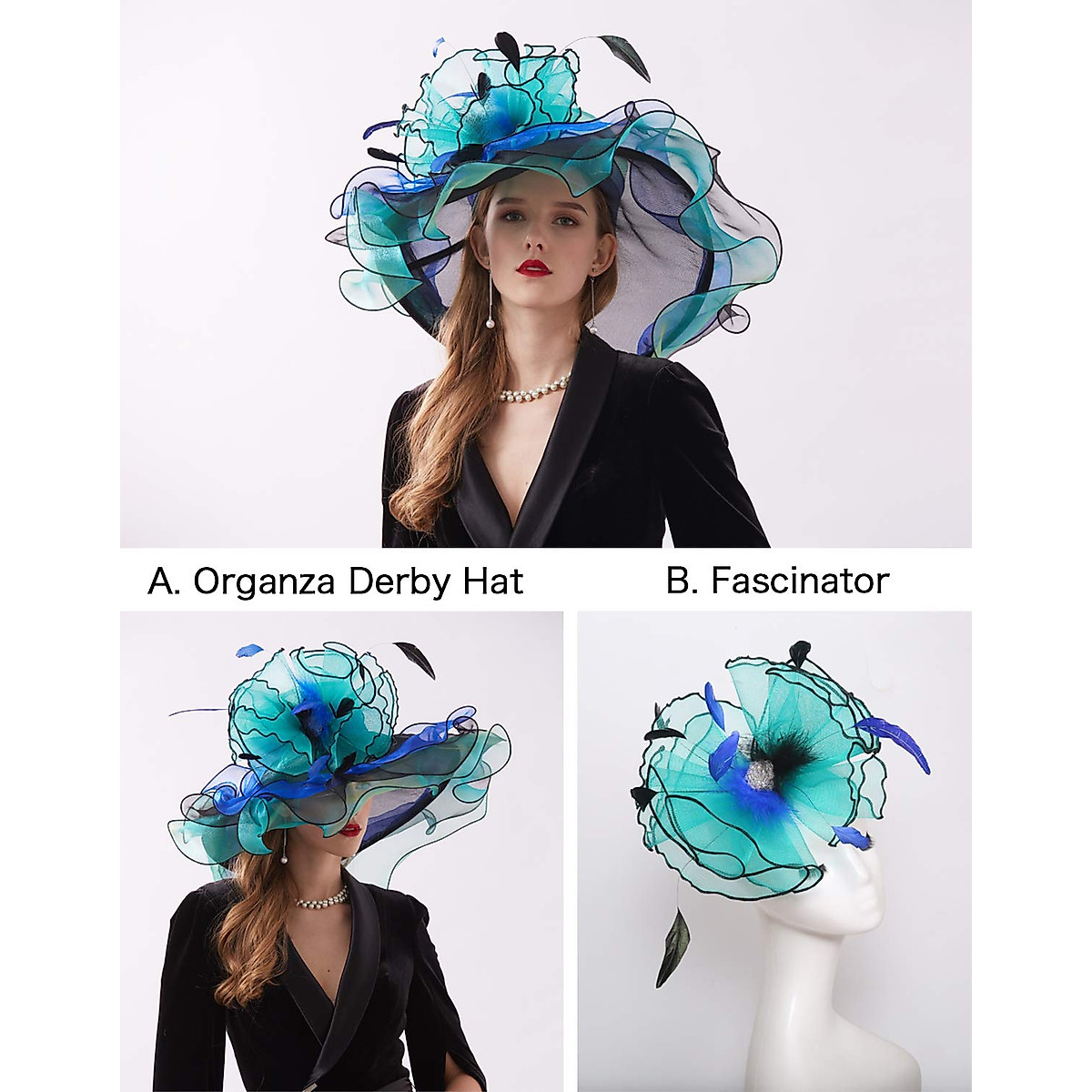 TLMNU Women Derby Church Hat Organza Flower Wedding Tea Party Fascinator Hat Wide Brim Sun Hat 01Green,Blue