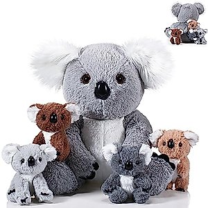 Lenwen 5 Pcs Koala Bear Stuffed Animal Set 12.6 Inch Mommy Koala Plush with 4 Cute Babies in Her Zippered Tummy Soft Cuddly Nursery Koala Plushie for Boys Girls Birthday Baby Shower Party Favor Gifts