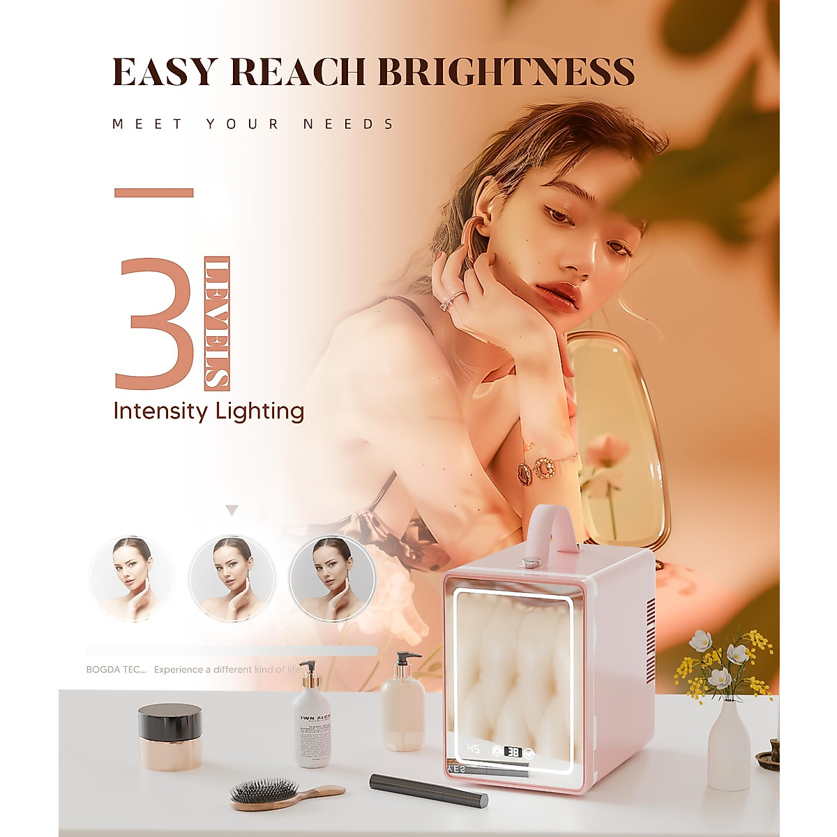 BOGDA 4L Mini Skincare Fridge with Dimmable LED Light Mirror, Cooler and Warmer Temperature Control Digital Display, Portable Cosmetic Refrigerator for Makeup, Skin Care, Bedroom Office Car, Pink