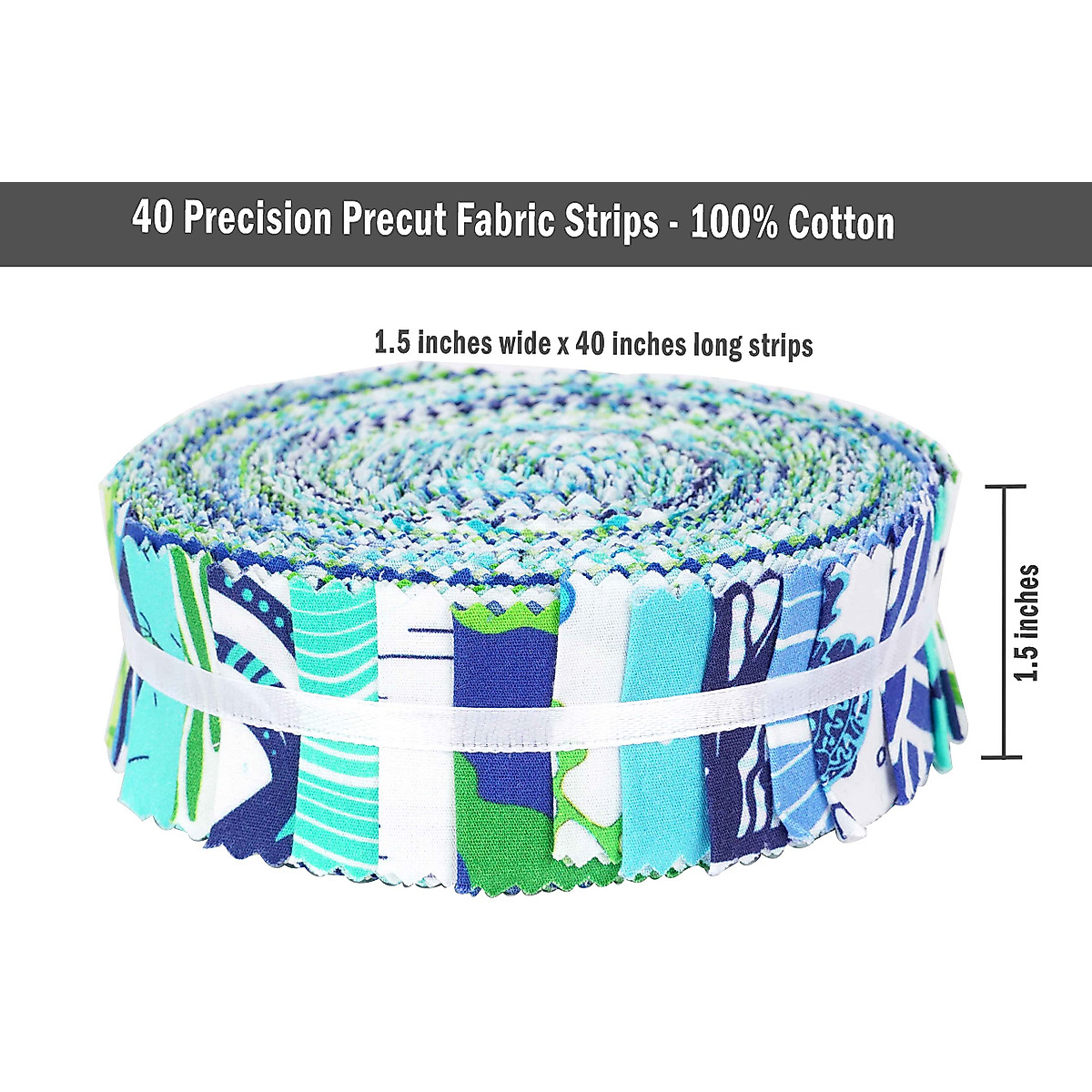 Soimoi 40Pcs Ocean Print Precut Fabrics Strips Roll Up 1.5x42 inches Cotton Jelly Rolls for Quilting - Medium Blue