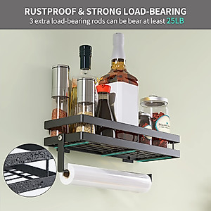 PINNIYOU Paper Towel Holder with Spice Rack and Multi-Purpose Shelf Wall Mount Storage Organizer for Kitchen, Pantry, Laundry, Bathroom, Toilet Garage - Durable Metal Wire Design - Black