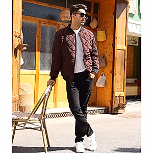 Pretifeel Mens Bomber Jackets Diamond Quilted Fall Winter Rib Varsity Lightweight Coat XX-Large