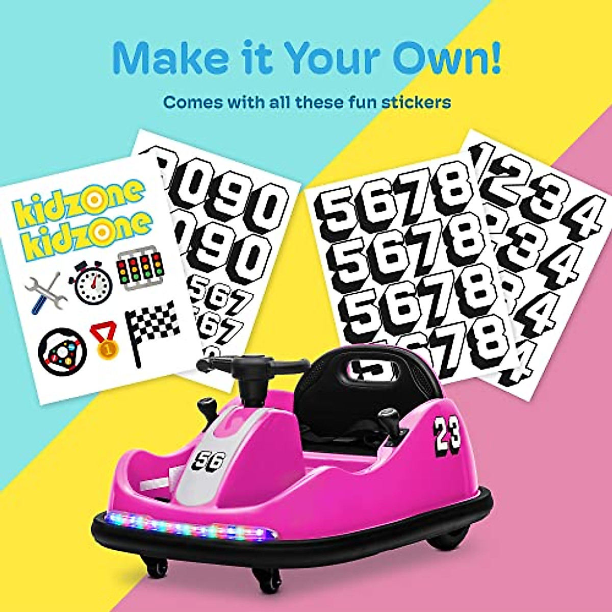 Kidzone 12V 2 Driving Mode (Steering Wheel/Joystick) Ride On Bumper Car for Kids & Toddlers 1.5-6 Year Old DIY Sticker Baby Bumping Toy Gifts W/Remote Control LED Lights, 360 Degree Spin