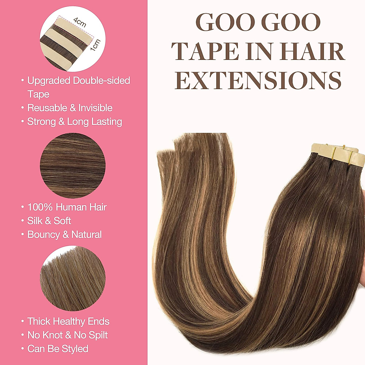 GOO GOO Tape in Hair Extensions Human Hair, 4/27/4 Balayage Chocolate Brown to Caramel Blonde, 18inch 50g 20pcs, Thick Ends Straight Seamless Tape in, Invisible Tape in Hair Extensions Human Hair