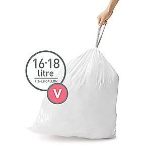 simplehuman Code V Custom Fit Drawstring Trash Bags in Dispenser Packs, 60 Count, 16-18 Liter / 4.2-4.8 Gallon, White