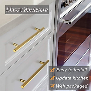 Probrico (10 Pack 6-3/10"(160mm) Hole Centers Cabinet Pulls Gold Dresser Drawer Euro Bar Pulls Golden Kitchen Cabinet Hardware T Bar Knobs Bathroom Handles
