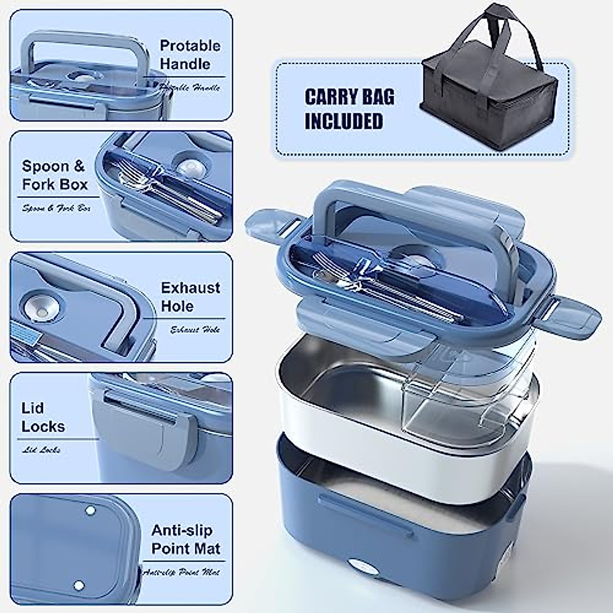 Adocfan Electric Lunch Box, 60W 3 in 1 Food Heater Car Use 12V/24V and Home Use 110V, Portable Lunch Heater, Removable Stainless Steel Container, Fork, Spoon and Carry Bag (Blue)