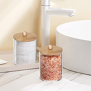 Tbestmax 10 Oz Cotton Swab/Ball/Pad Holder, Qtip Apothecary Jar, Clear Bathroom Containers Dispenser for Storage 3 Pack Wood Lids