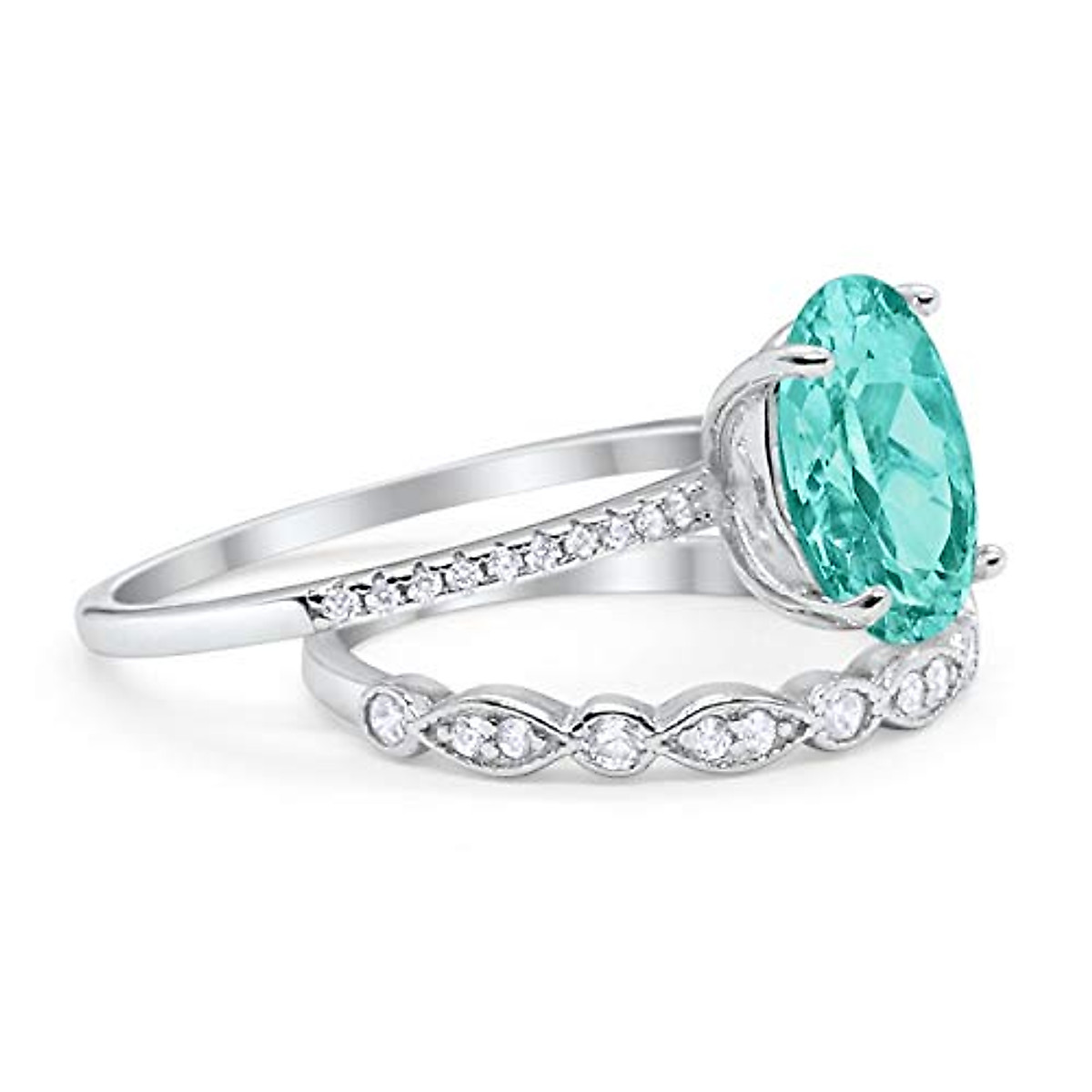 Blue Apple Co. Simulated Paraiba Tourmaline CZ Size-6 Two Piece Oval Wedding Engagement Bridal Set Ring Band Round Simulated Cubic Zirconia 925 Sterling Silver