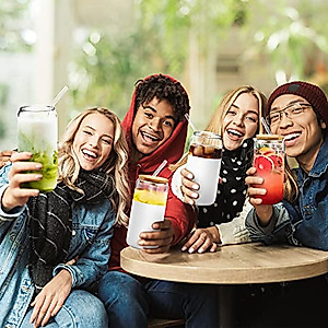 Glass Cups With Bamboo Lids and Straws - 4 pc 16oz can shaped glass bottle with silicone sleeve - Cute Reusable drinking glass tumbler set for iced coffee, espresso, beer, smoothie and juices mHomeAid