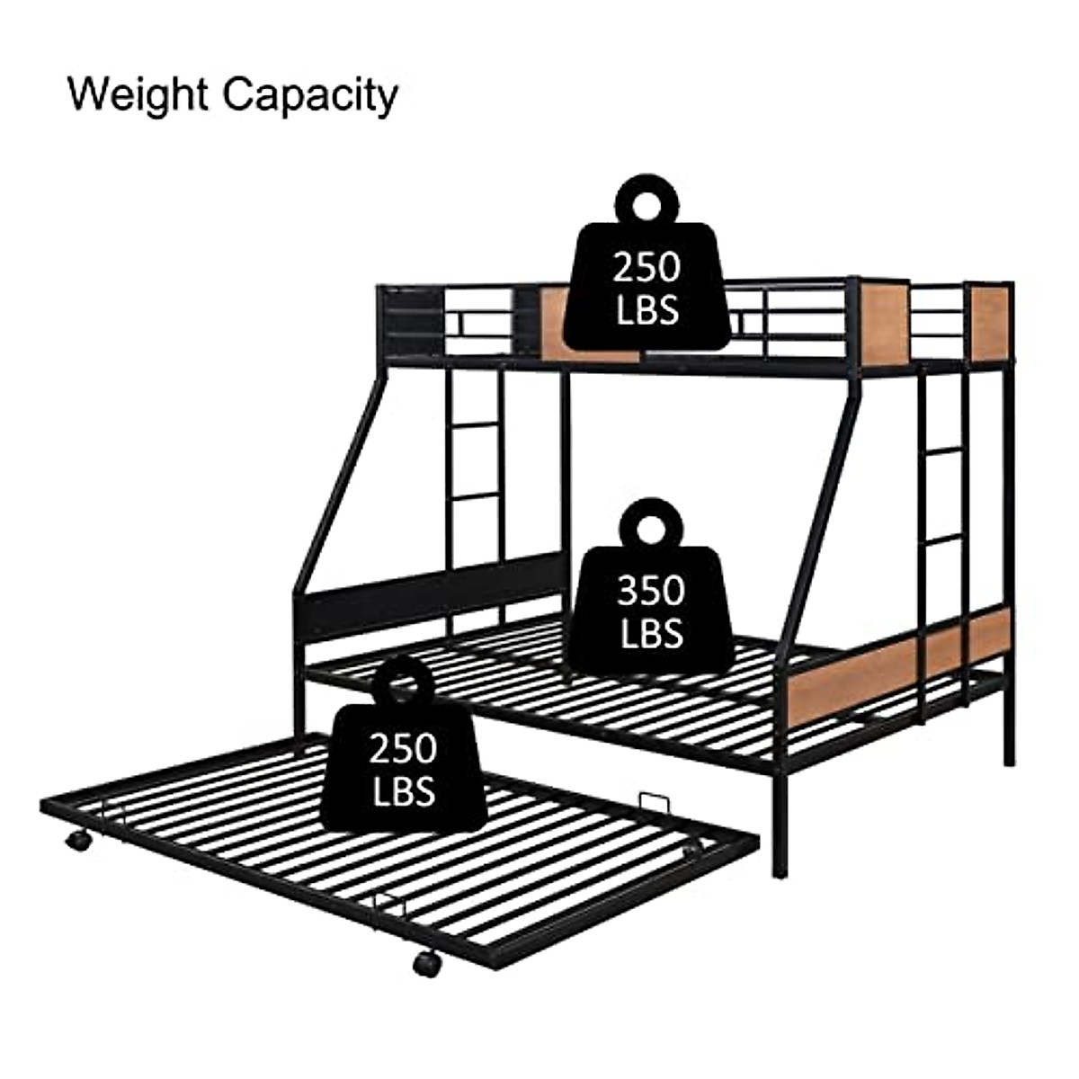 MOEO Twin Over Full Metal Bunk Bed with Trundle for Kids, Steel Bedframe w/Two Ladders, Guard Rail, Bedroom Furniture, No Spring Box Required, Black