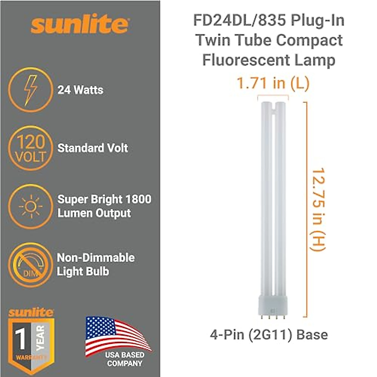 Sunlite FT24DL/835 Plug-in Twin Tube Compact Fluorescent Lamp, FT 4-Pin, 24 Watts, 1800 Lumens, 3500K Neutral White, 4-Pin (2G11) Base, 120 Volts, 1 Pack