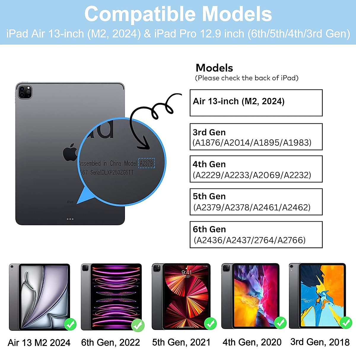 Keyboard Case for iPad Pro 12.9 inch 6th/5th/4th/3rd Gen & iPad Air 13 inch (M2) 2024, 7 Color Backlit & Magnetic Detachable Wireless Keyboard, Smart Flip Cover with Pencil Holder, Auto Sleep/Wake