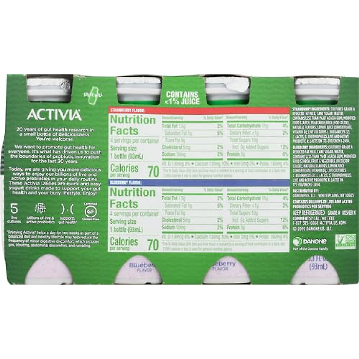 Activia Probiotic Dailies Strawberry and Blueberry Lowfat Yogurt Drinks, Delicious Daily Probiotic Yogurt Drinks to Help Support Gut Health, 8 Ct, 3.1 FL OZ
