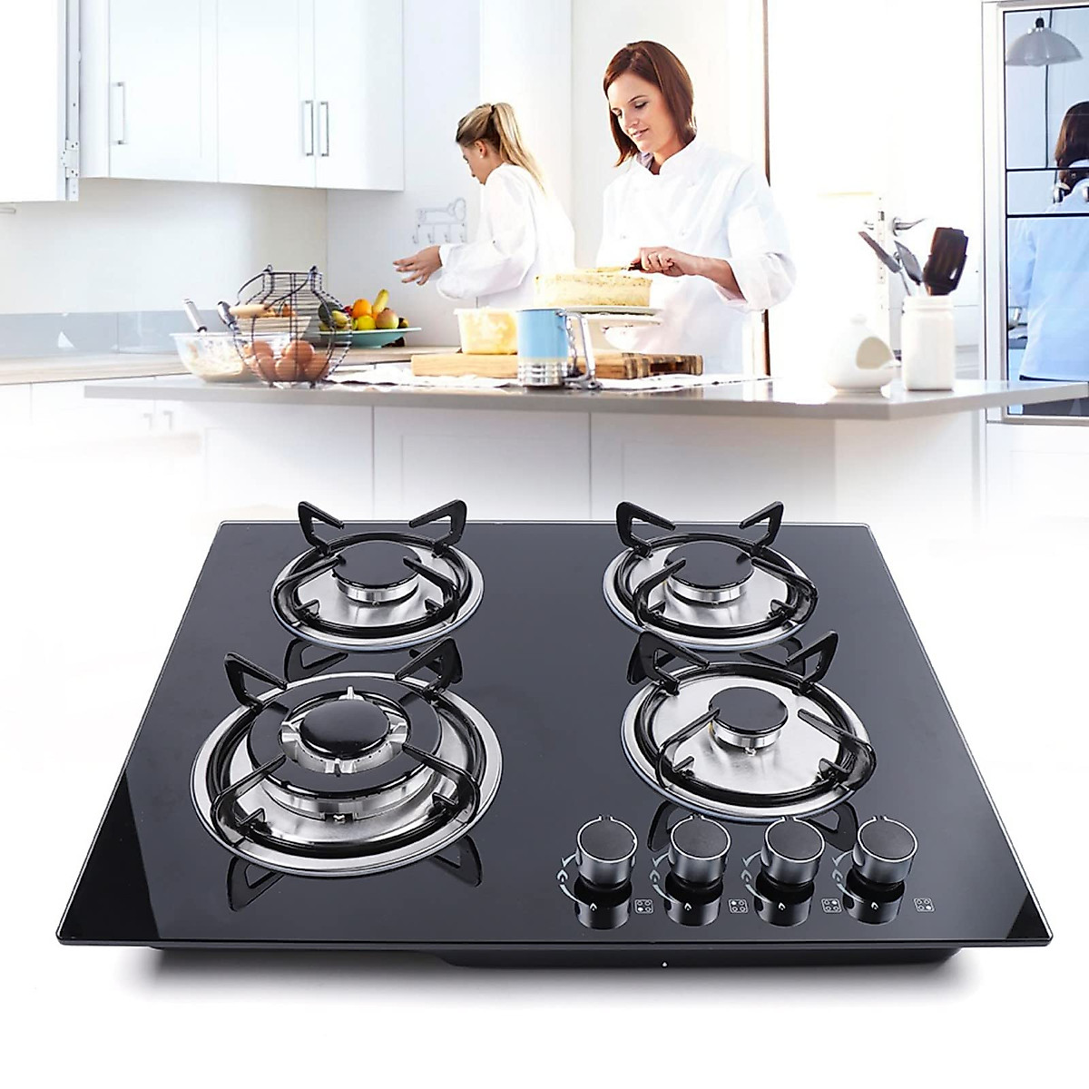 Cbhfmljd 23" 4-Burner Gas Cooktop Built-In Stove Top Tempered Glass LPG/NG Gas Cooker, 4 Burners Gas Hob Grate Stovetop Cooker Easy to Clean Elegant and Durable For Kitchen Chefs