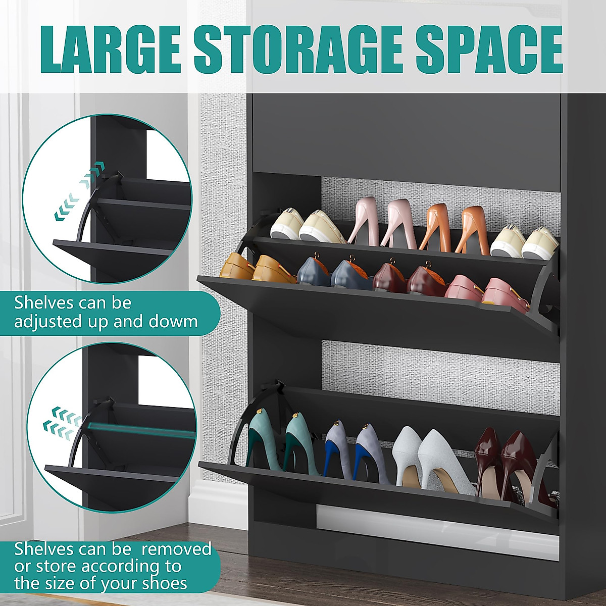 Wodeer Shoe Cabinet with 3 Flip Drawers,Wood Entryway Shoe Storage Cabinet,Freestanding Shoe Rack Storage Organizer for Entryway, Hallway, Black,9.33" D x 31.5" W x 47.2" H