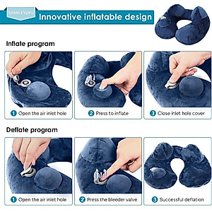 Self-Inflatable Travel Pillow with Eye Mask Earplugs Compact Bag, Inflatable Neck Pillow Support for Sleeping and Traveling, Airplane Pillow for Long Flight, Neck Cushion for Car Home Office Train