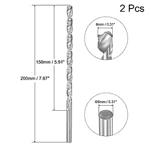 uxcell HSS(High Speed Steel) Extra Long Twist Drill Bits, 8mm Drill Diameter 200mm Length for Hardened Metal Woodwork Plastic Aluminum Alloy 2 Pcs