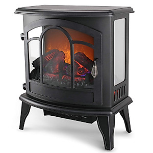 Della 17 Inch 1400W Compact Freestanding Portable Electric Fireplace Stove Heater with Realistic 3D Flame Effect, Infrared Quartz Indoor Heat, Faux Logs - Black