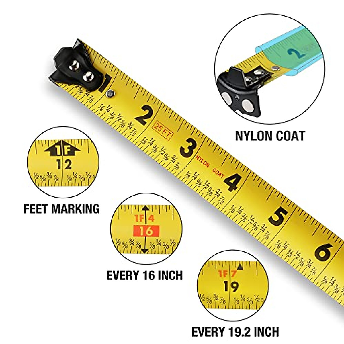 DURATECH Magnetic Tape Measure 25FT with Fractions 1/8, Retractable Measuring Tape, Ratcheting Screwdriver, 12-in-1 Multi-bit Screw Drivers