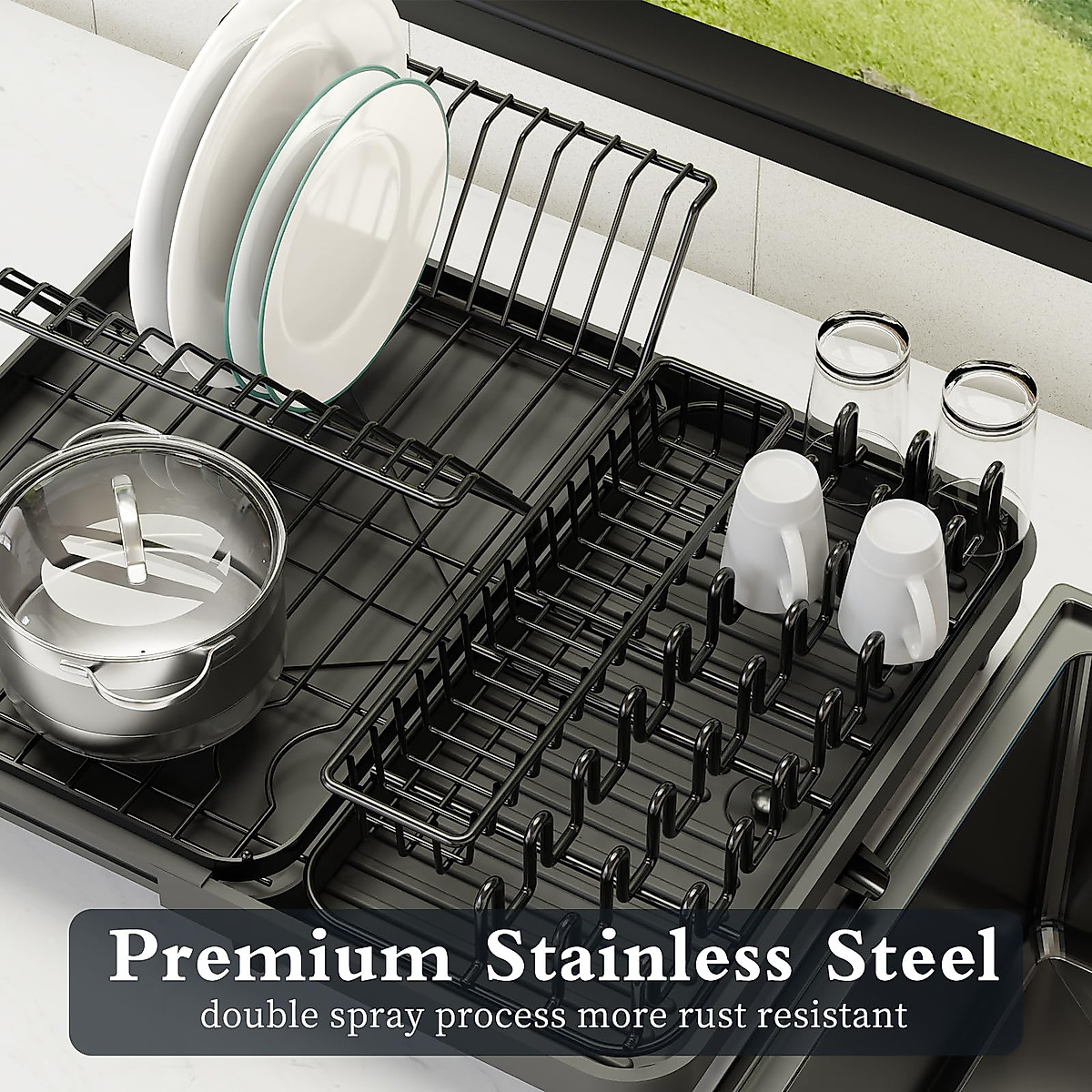 YEPATER Extendable Dish Rack, Large Dish Drying Rack with Drainboard,Cup Holder,Cutlery Drawer Organizer,Collapsible Dish Drainer for Kitchen Counter