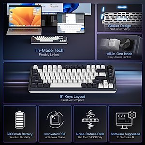 Redragon K673 PRO 75% Wireless Gasket RGB Gaming Keyboard, 3-Modes 81 Keys Compact Mechanical Keyboard Hot-Swap Socket, Dedicated Knob Control and Sound Absorbing Pads, Linear Red Switch