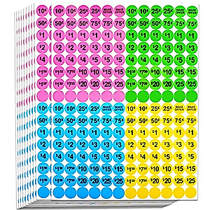 Dreecy 1920 PCS Yard Sale Price Stickers Garage Sale Pre-Priced Pricing Labels 3/4" Diameter Flea Market Pre-Printed Pricing Stickers for Retail,Bright Neon Colors (Pink Green Blue Yellow)