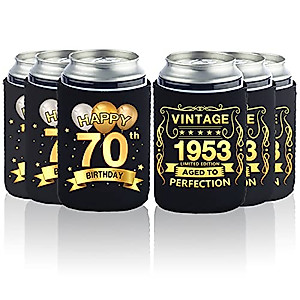 Greatingreat 70th Birthday Can Cooler Sleeves Pack of 12-70th Anniversary Decorations- Vintage 1953-70th Birthday Party Supplies - Black and Gold seventieth Birthday Cup Coolers