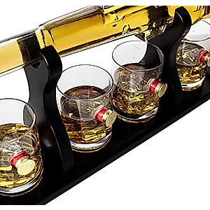 Shotgun Gun Large Whiskey & Wine Decanter Set Bullet Glasses - Limited Edition Elegant Rifle Gun Whiskey Decanter 22.5" With 4 Shotgun Bullet Whiskey Glasses and Mohogany Wooden Base The Wine Savant