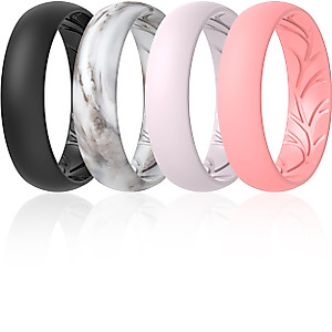 ThunderFit Women Silicone Wedding Bands, Breathable Leaf Cross Pattern Engagement Rings 5.5mm Wide 1.6mm Thick - 1/4 Variety Multipack (Black, Marble, Light Pink, Light Red, Size 8.5-9 (18.9mm))