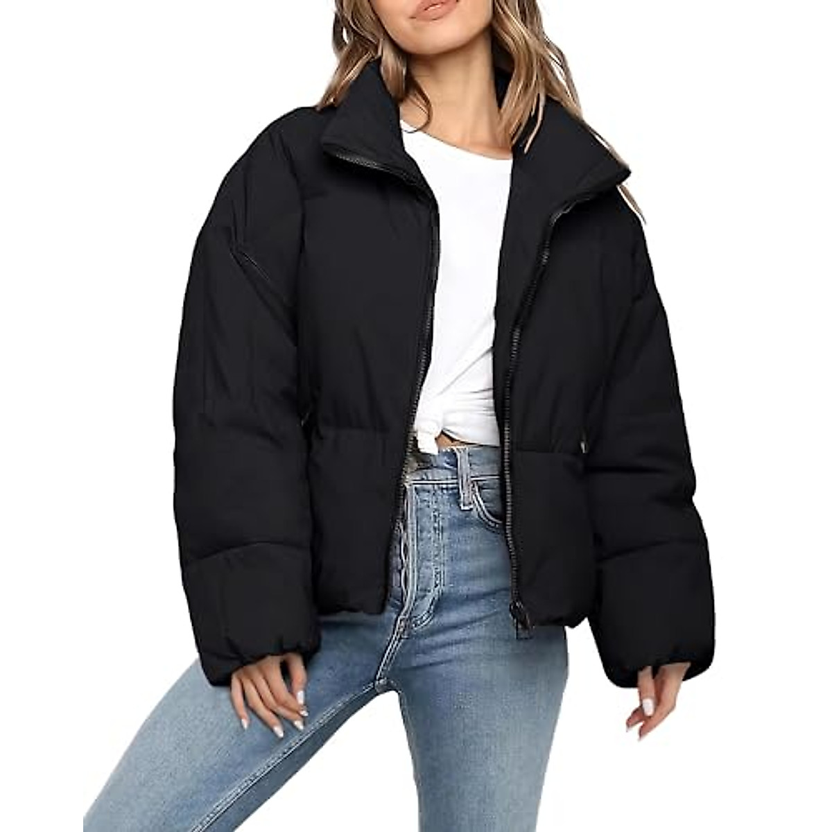 Womens Winter Cropped Puffer Jacket for Long Sleeve Oversize Puffy Coat Short Warm Quilted Jacket Black M