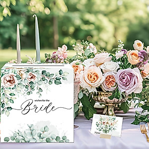 51 Pcs Bridal Shower Game Card Box, Wedding Raffle Card Box, Wedding Shower Advice and Wishes Cards and Box Set, Greenery Card Holder Box for Wedding Decorations Bridal Shower Activity Wedding Games