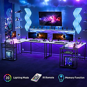 Cyclysio L Shaped Desk with Power Outlets and USB Ports, Reversible L Shaped Gaming Computer Desk with LED Light, 83.5'' Large 2 Person Desk with Monitor Stand, L-Shaped Corner Desk, White and Black