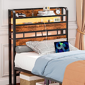 Furnulem Twin Size Headboard Only 2 Outlets 2 USB Ports Bed Headboards with Charging Station 2 Tier Storage Headboard Shelf for Dorm Bedroom Sturdy Adjustable RGB Light Headboards Rustic Brown