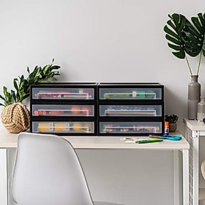 IRIS USA Medium Desktop Stacking Drawer, 6-Pack, Sliding Plastic Drawer Storage Container for Stationery Art Craft Supplies Fabric Tools Kitchen Pantry Office and Garage Organization, Black