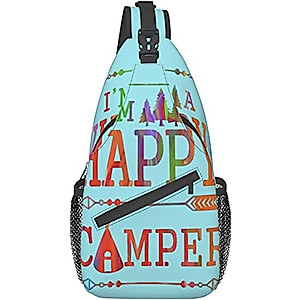 Stylish Chest Sling Bag Camping Mountain Happy Camper Sky Blue,Crossbody Shoulder Backpack Adjustable Chest Bag Lightweight Casual Daypack for Men Women Outdoor Sports Biking Climbing Shopping