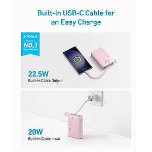 Anker Power Bank Battery Pack, 20,000mAh 22.5W High Speed Charging Portable Charger with Built-in USB C Cable, 1 USB-C, 1 USB-A, for iPhone 15/15 Plus/15 Pro/15 Pro Max, MacBook, Galaxy