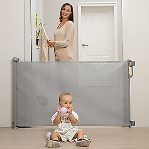 Momcozy Retractable Mesh Baby Gate or Dog Gate, Child Safety Gate for Indoor or Outdoor, 33-inches Tall with up to 55-inches Wide Extension, Avoid Skirting Installation, Grey