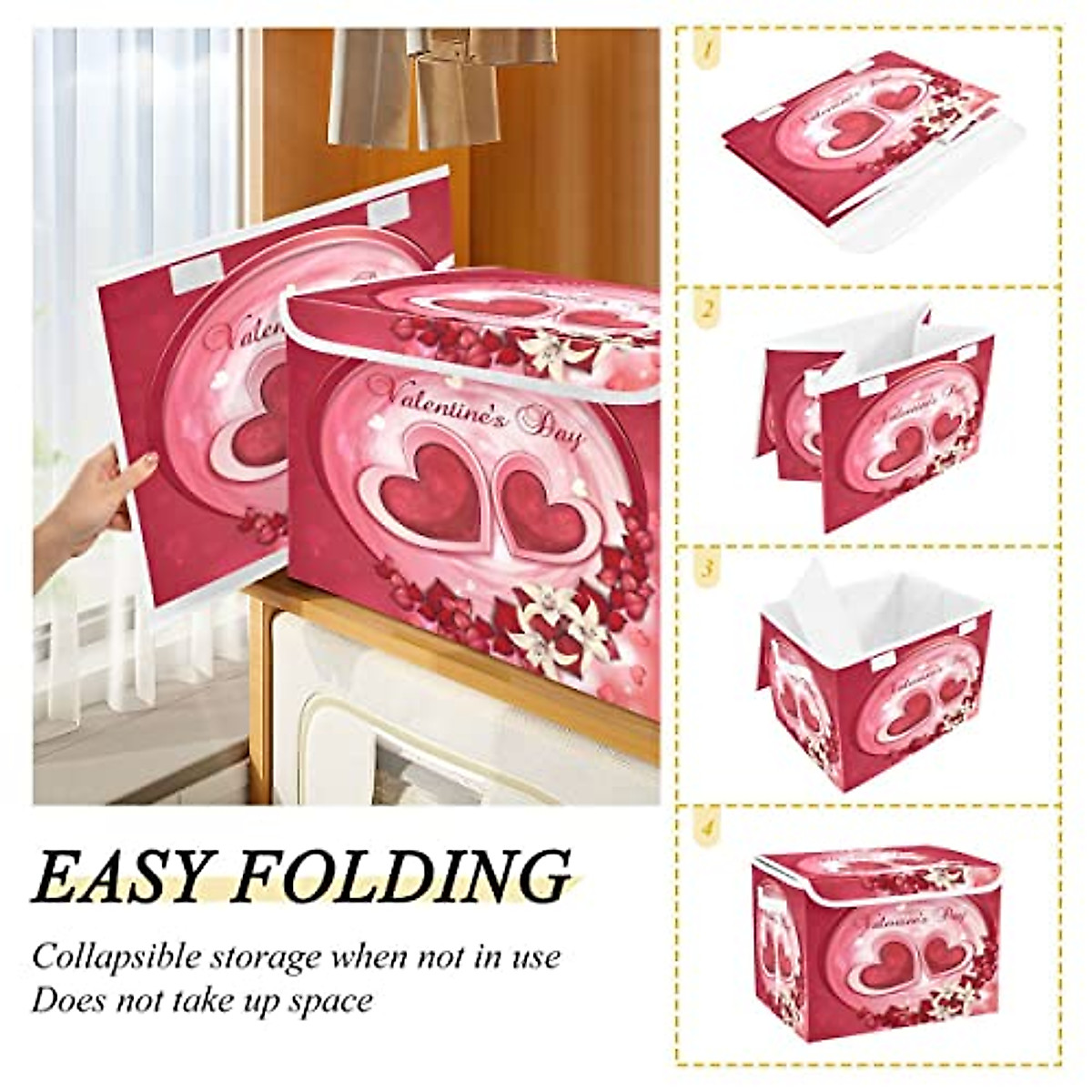 Storage Bins with Lids Foldable Storage Baskets Storage Cubes Collapsible Closet Organizer Containers with Cover Valentine's Day Card Romantic Flowers for Home Office Organizer Closet, Shelves, Toy, N