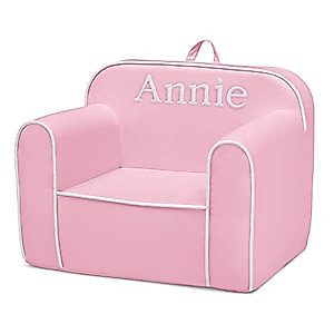 Delta Children Cozee Chair for Kids - 1 Seater Foam Toddler Couch can be Personalized with Name, Has Removable Cover for Easy Machine Washing (25x18x20.5 Inches, Pink and White)