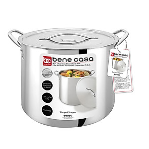 Bene Casa Stainless-Steel Stock Pot with lid, 8-quart capacity stock pot, reinforced bottom stainless-steel stock pot