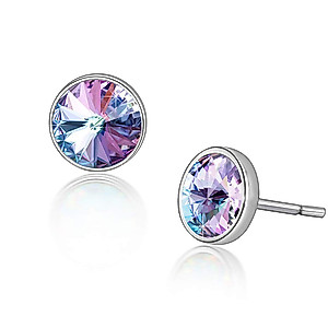 Round Austrian Crystal Stud Earrings for Women Fashion 925 Sterling Silver Hypoallergenic Jewelry (Vitrail Light)