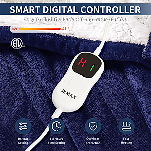 JKMAX 50"x60" Heated Throw Blanket - 10 Heat Settings, 5 Levels, Auto-Off, Overheat Protection, Soft Flannel Sherpa, ETL Certified