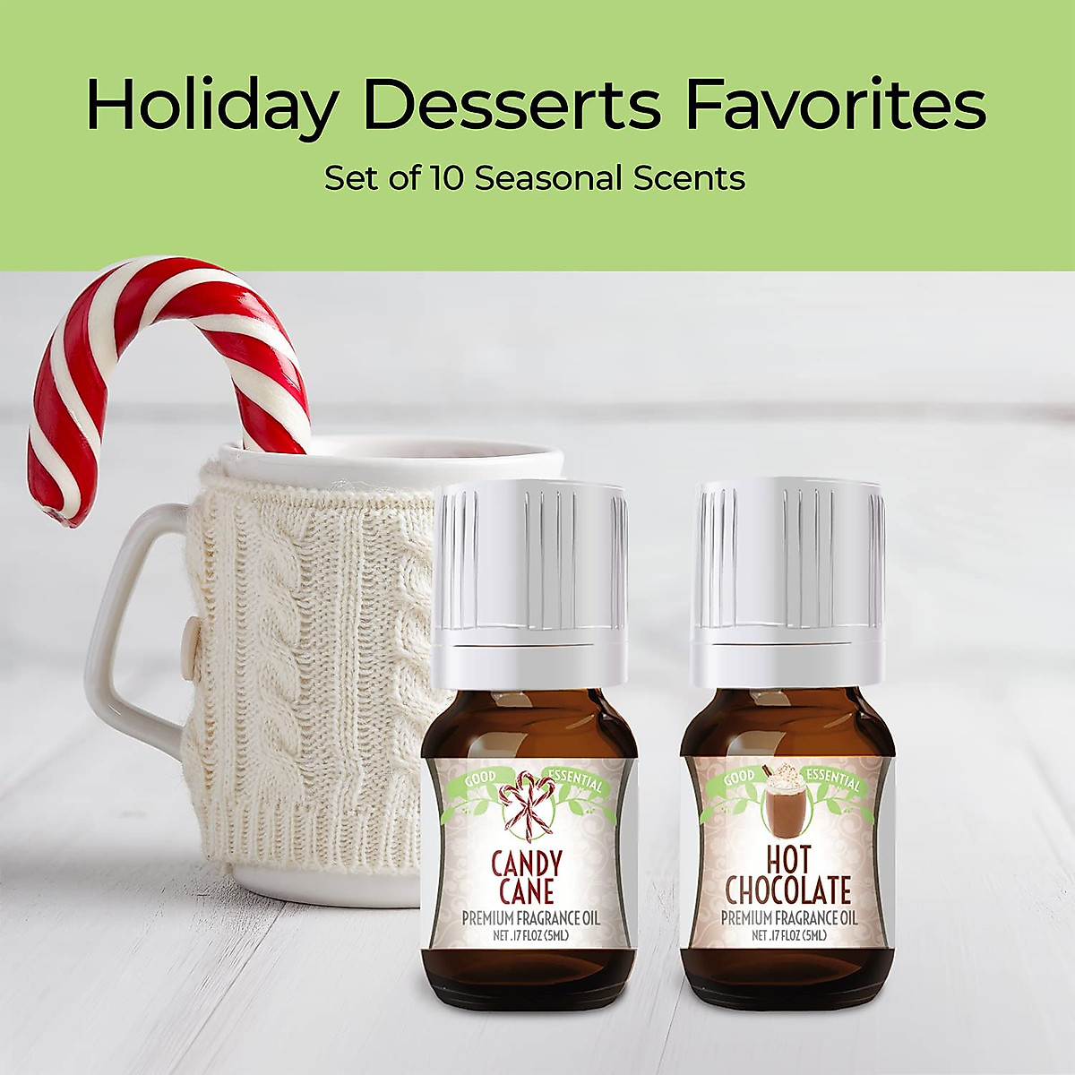 Good Essential - Professional Holiday Fragrance Oil Set Pack of 10 5ml Peppermint, Apple Cinnamon, Hot Chocolate, Cherry, Pumpkin Pie, Candy Cane, Gingerbread, Snickerdoodle, Cinnamon, Brown Sugar